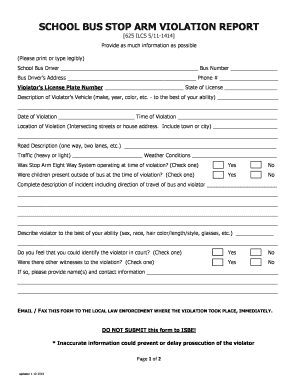 Fillable Online SCHOOL BUS STOP ARM VIOLATION REPORT Sample Fax Email ...