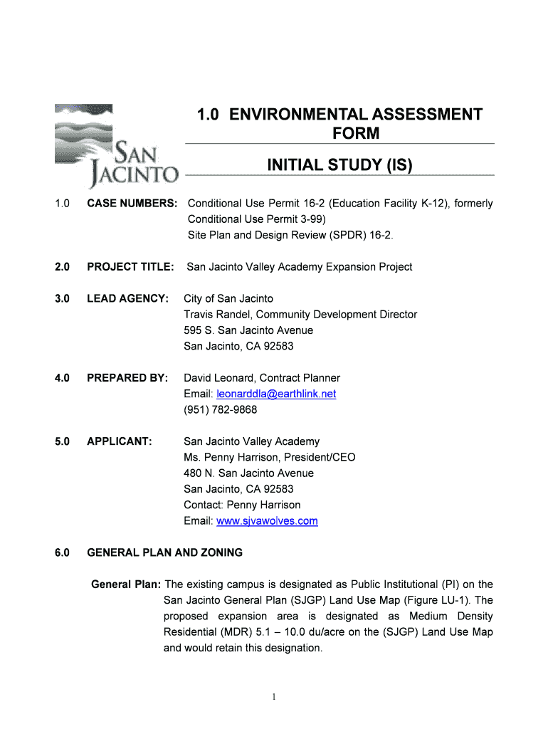 Fillable Online 1.0 ENVIRONMENTAL ASSESSMENT FORM INITIAL STUDY (IS ...