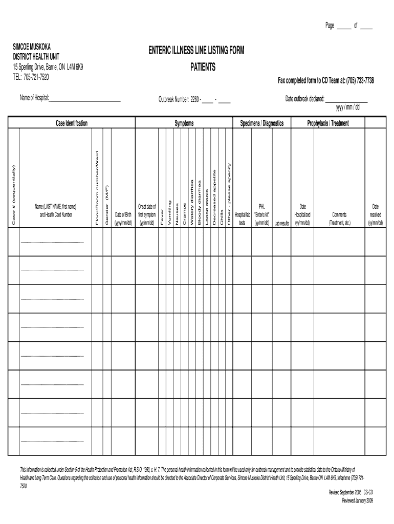 Fillable Online SIMCOE MUSKOKA ENTERIC ILLNESS LINE LISTING FORM Fax ...