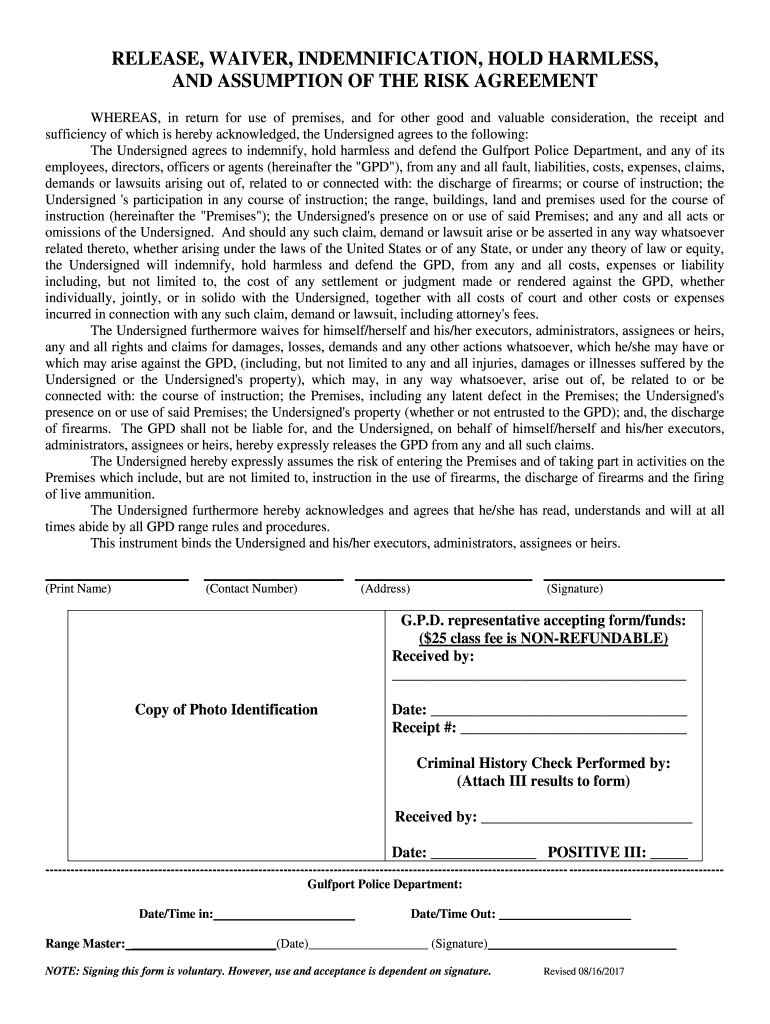 Fillable Online release, waiver, indemnification, hold harmless, and assumption of ... Fax Email ...