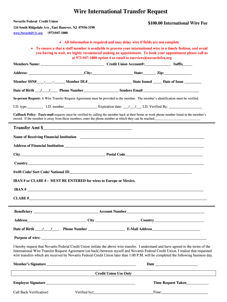 Fillable Online NOVARTIS FEDERAL CREDIT UNION - International Wire ...