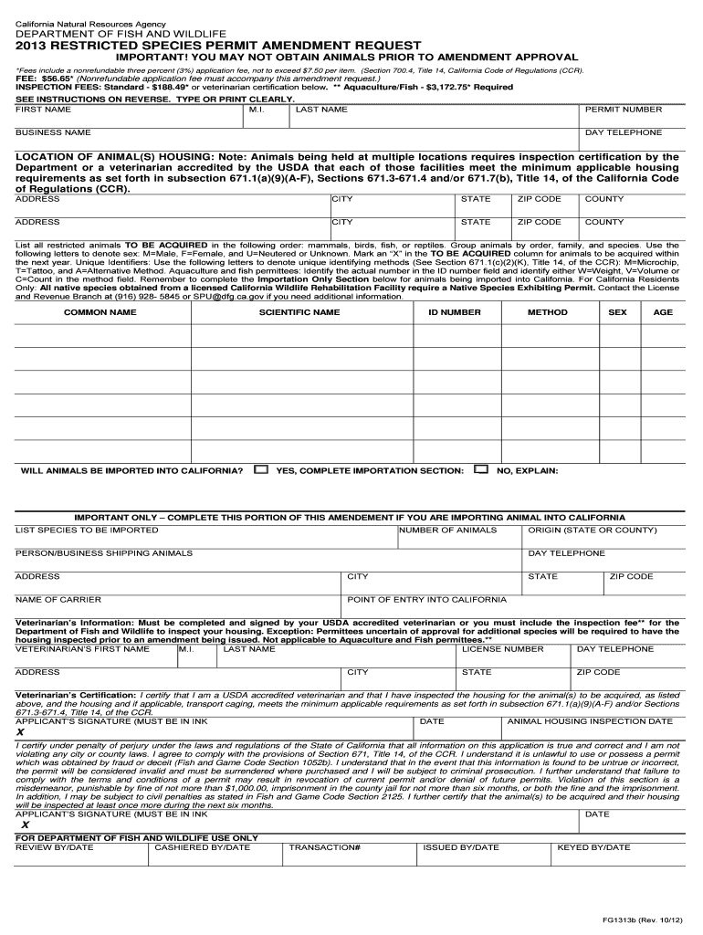Fillable Online Restricted Species Permit Amendment Request (FG 1313b). Restricted Species ...