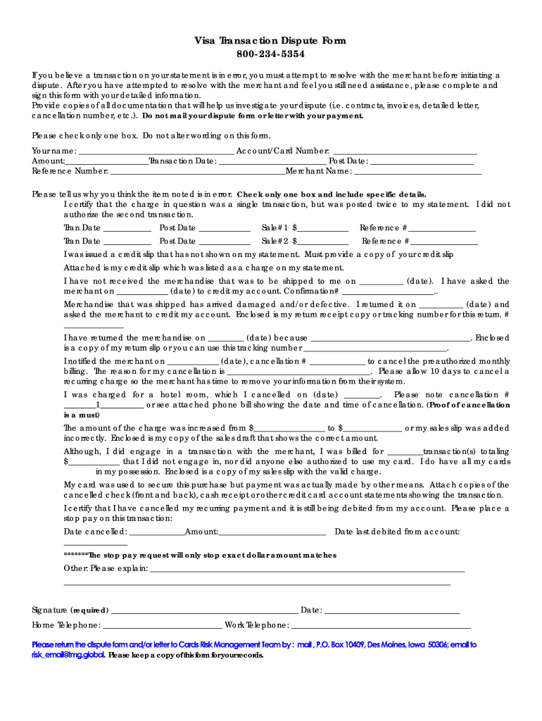 Fillable Online Visa Transaction Dispute Form.doc Fax Email Print ...