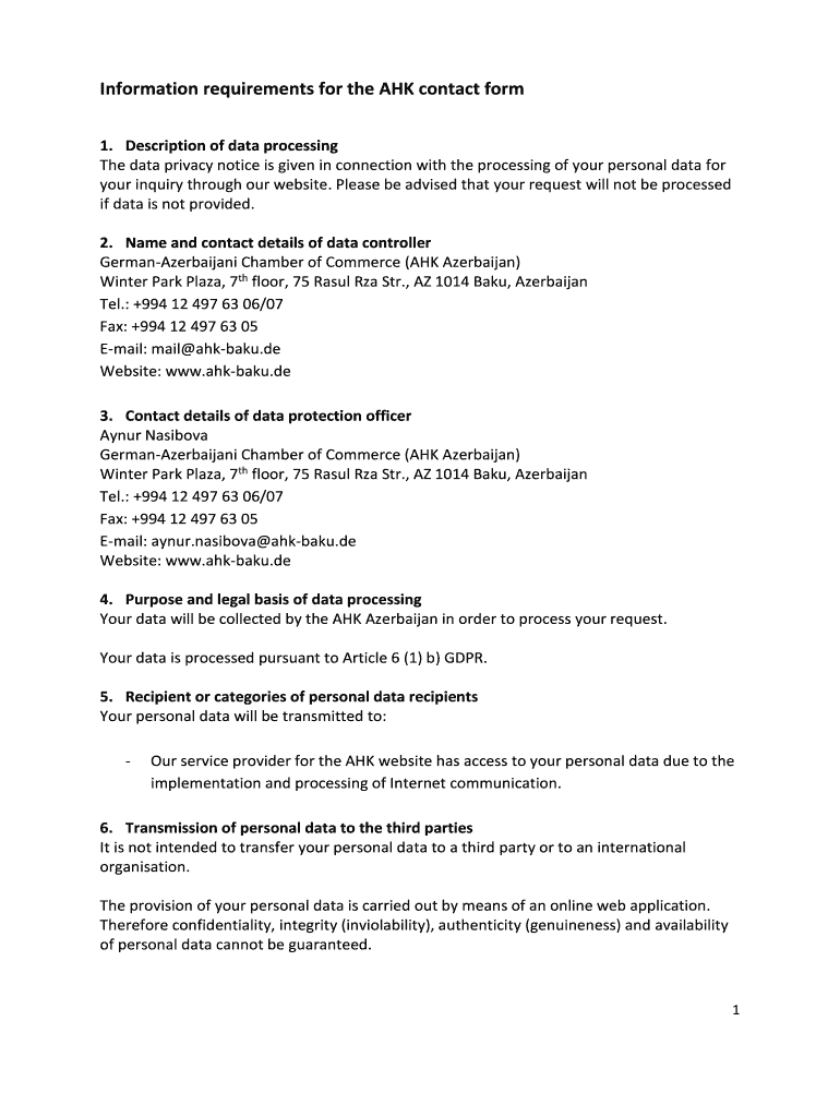Fillable Online Information requirements for the AHK contact form Fax ...