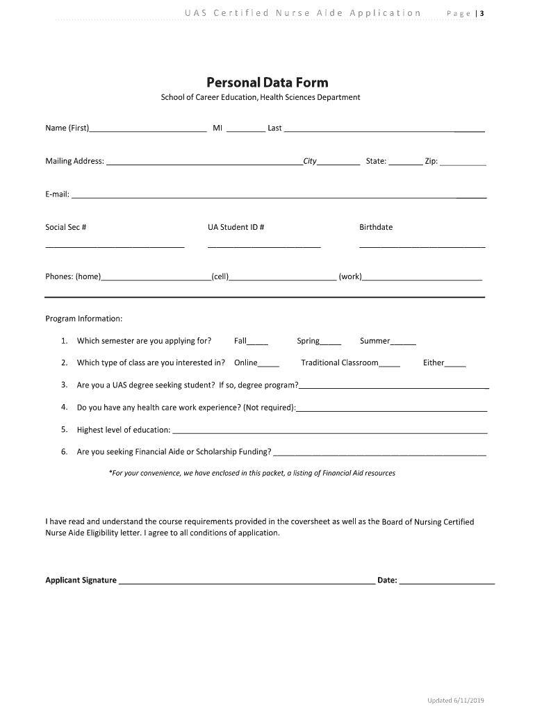 Fillable Online Fillable Online UAS Certified Nurse Aide Application ...