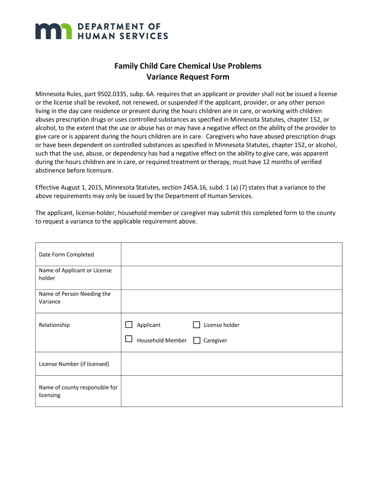 Minnesota Family Child Care Chemical Use Variance Request Form - Fill ...
