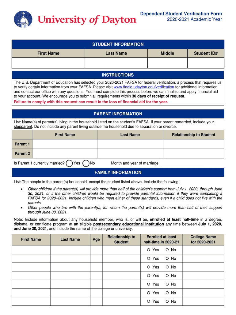 University Of Dayton Dependent Student Verification Form 2020 2021 