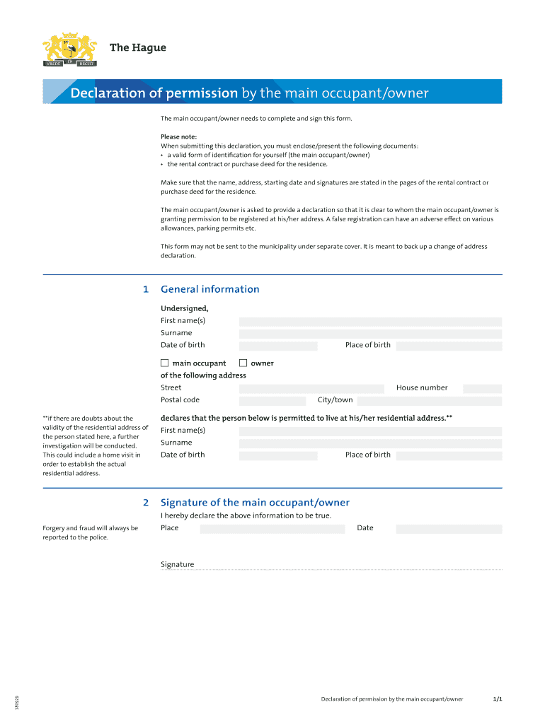 Declaration Of Permission By The Main Occupant Owner - Fill Online ...