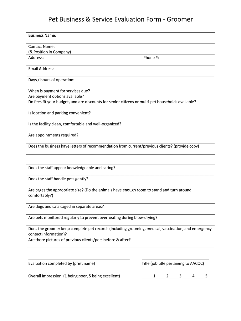 Fillable Online Pet Business & Service Evaluation Form - Groomer Fax ...