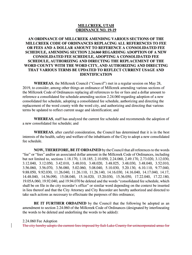 Fillable Online AN ORDINANCE OF MILLCREEK AMENDING VARIOUS SECTIONS OF ...