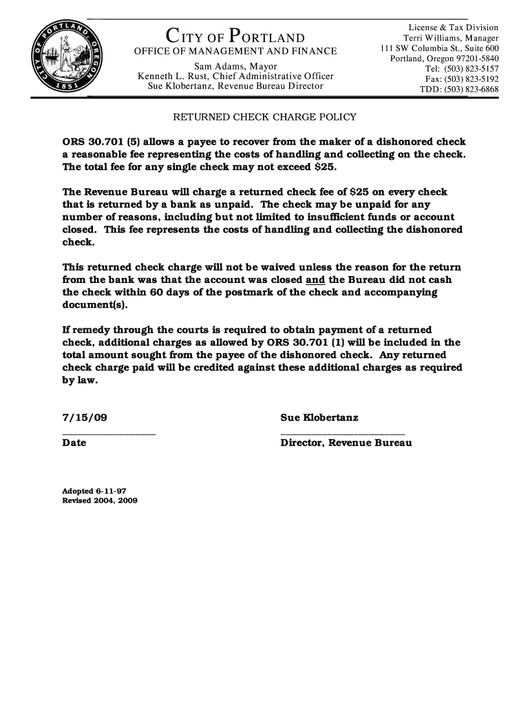 Fillable Online Returned Check Charge Policy Fax Email Print - pdfFiller