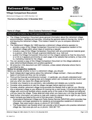 Fillable Online Retirement Villages Form 3 - Village Comparison ...