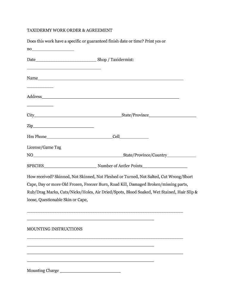 Taxidermy Work Order & Agreement - Blank Fillable Template | Fill Out ...
