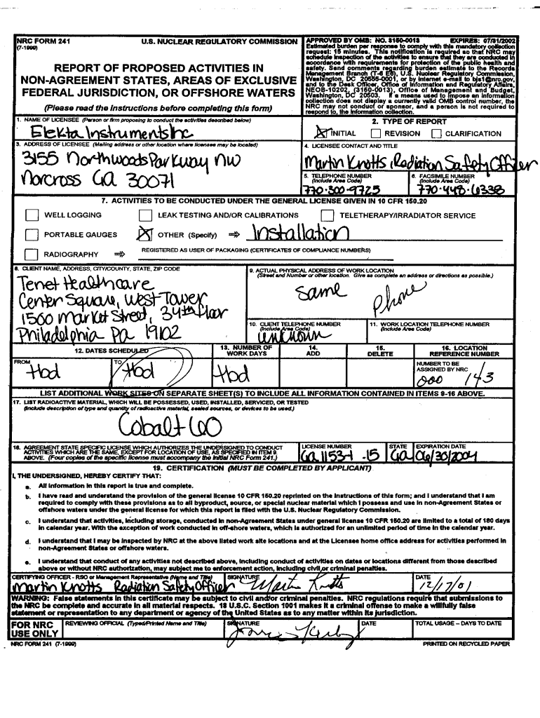 Fillable Online Elekta Instruments, Inc. Form 241 Initial. Fax Email Print - pdfFiller