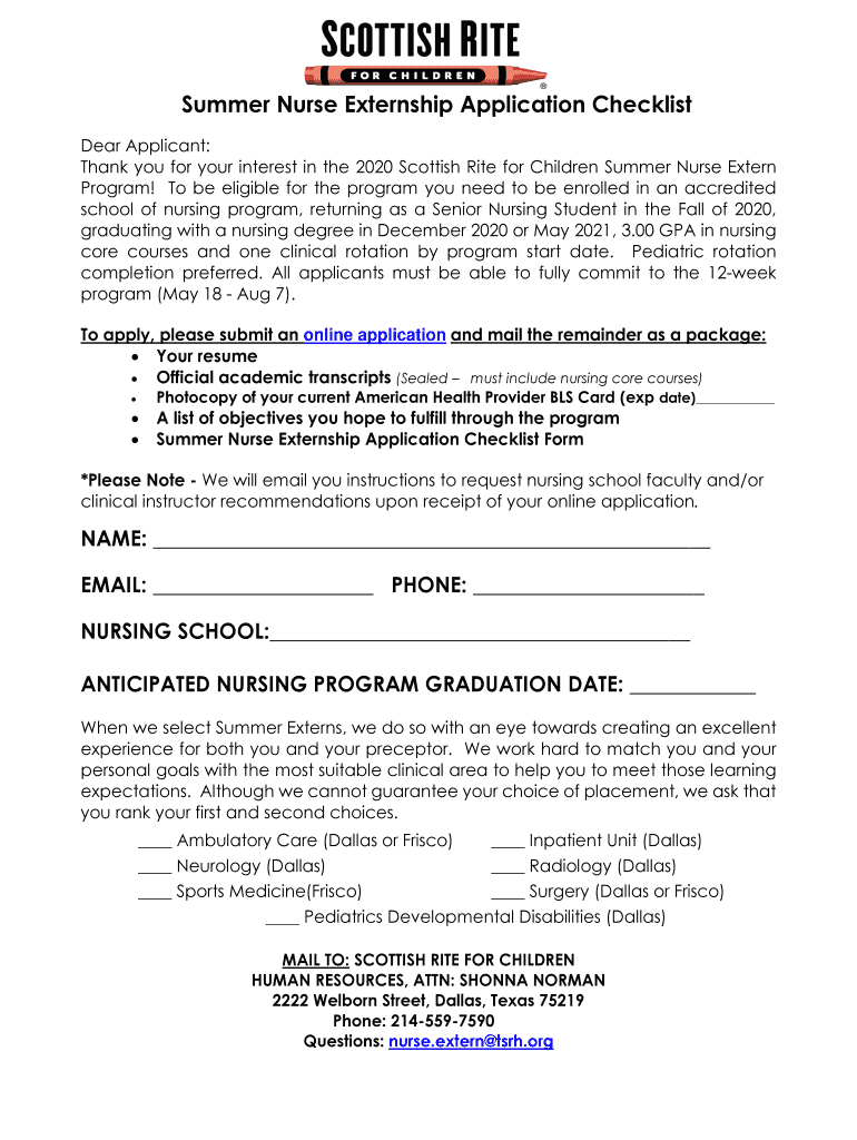 Fillable Online Nurse Externship Application Checklist - Texas Scottish ...