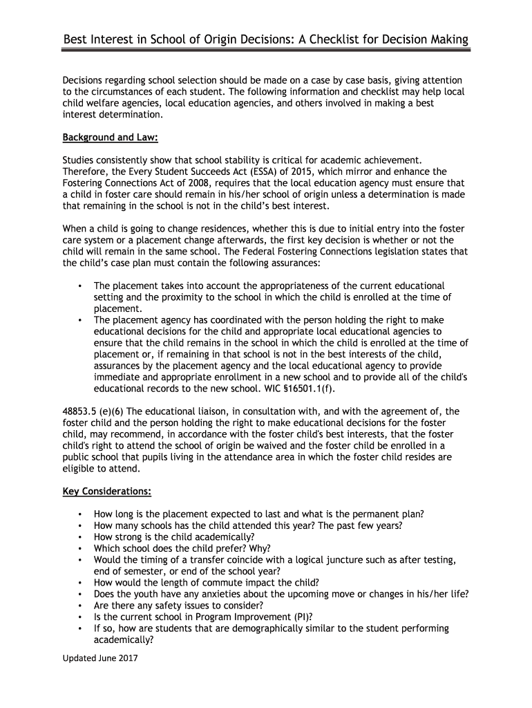 Fillable Online ed sc Best Interest in School of Origin Decisions: A ...