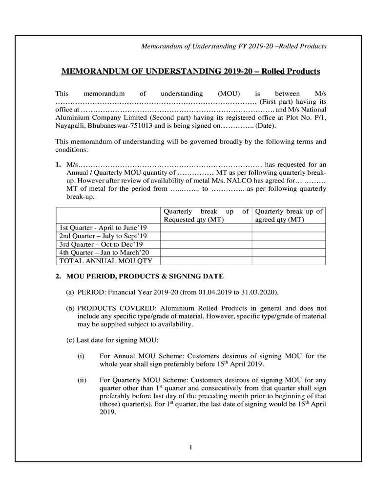 Fillable Online Memorandum of Understanding FY 2019-20 Rolled Products ...