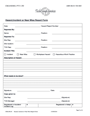 Fillable Online Hazard, Incident or Near Miss Report Form Fax Email ...