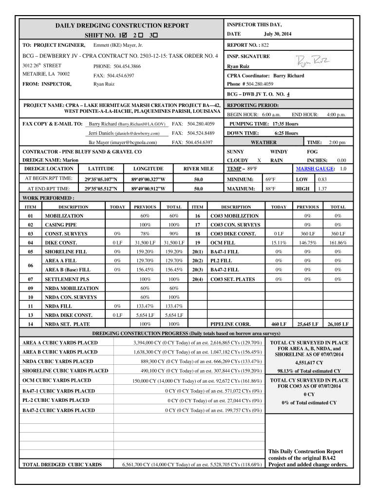 Fillable Online ftp coastal la DAILY DREDGING CONSTRUCTION REPORT SHIFT ...