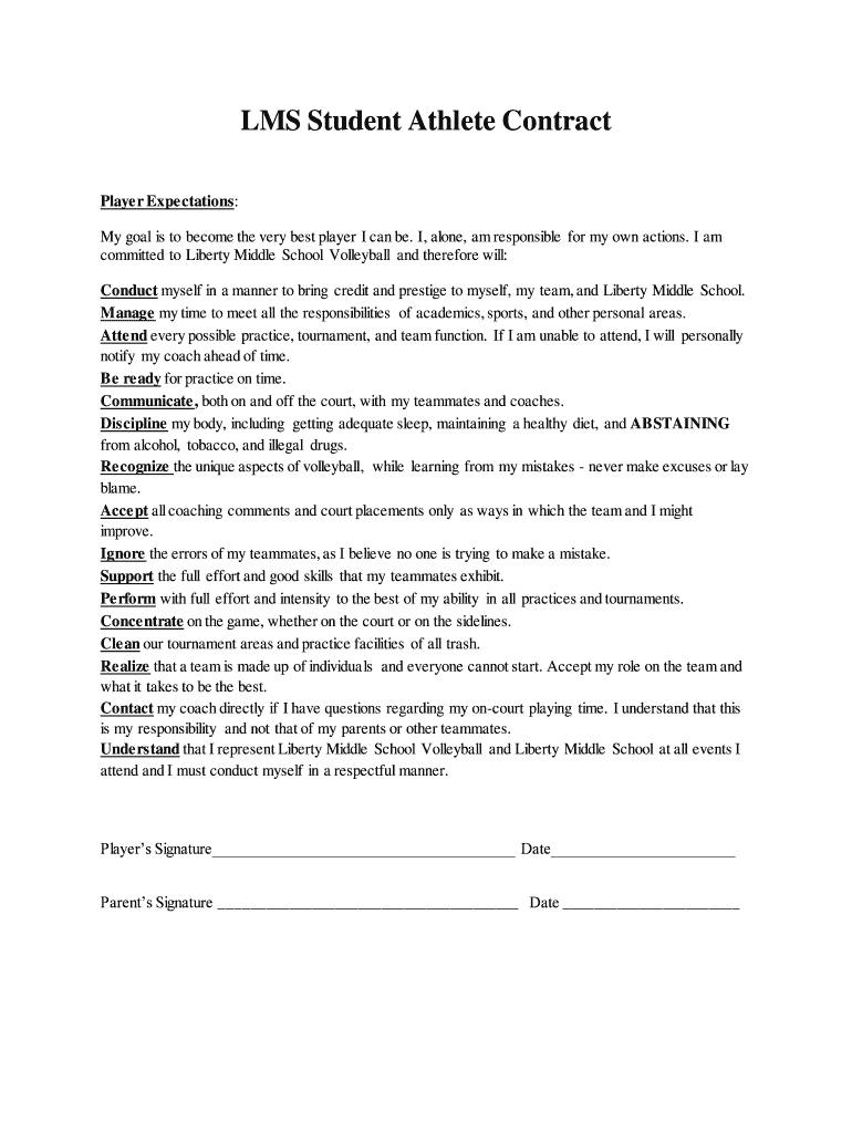 Fillable Online LMS Student Athlete Contract - Liberty Middle School ...