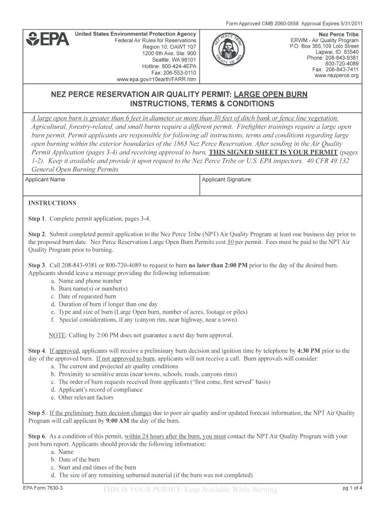 Fillable Online Nez Perce Large Open Burn Permit Form. Permit required ...
