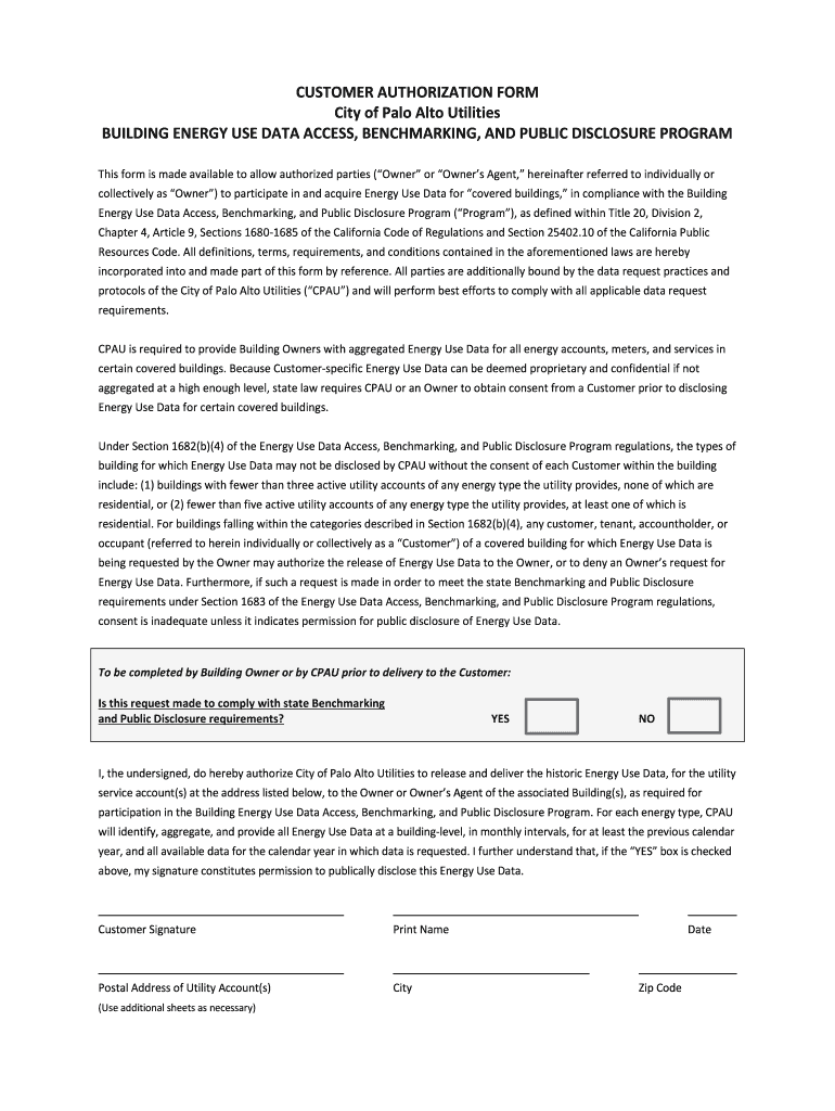 Fillable Online CUSTOMER AUTHORIZATION FORM City of Palo Alto ... Fax ...