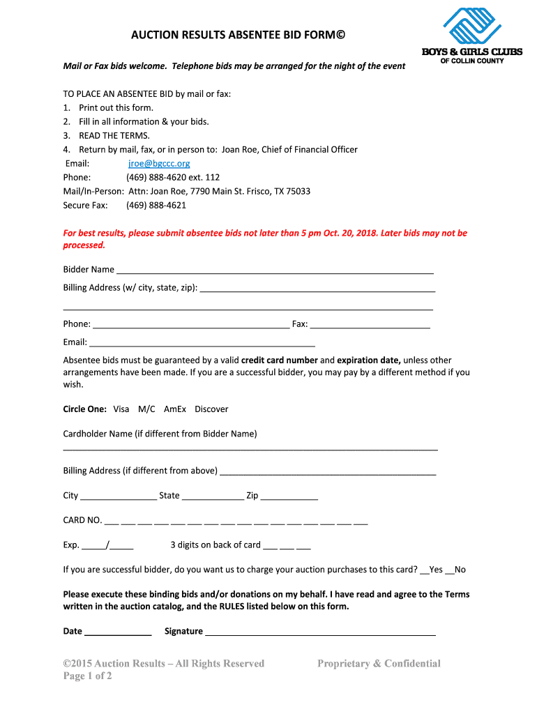 Fillable Online 2018 Absentee Bid Form Fax Email Print - pdfFiller