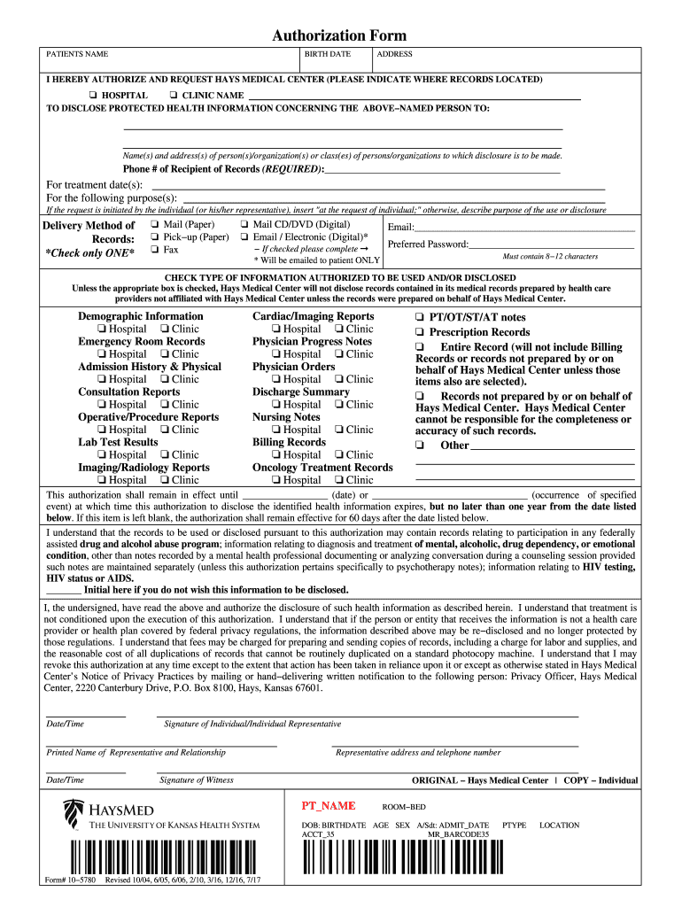 Fillable Online Fillable Online Authorization Form - Hays Medical ...