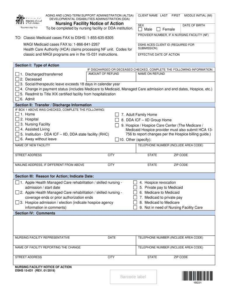 Fillable Online DSHS Form 15-031 "Nursing Facility Notice of Action ...