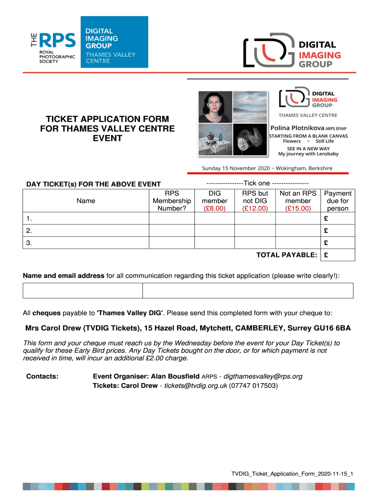 Fillable Online TICKET APPLICATION FORM FOR THAMES VALLEY CENTRE EVENTS ...