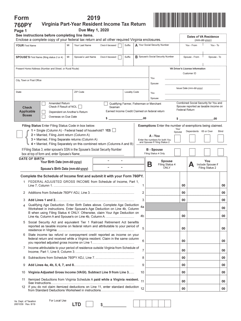 Fillable Online 2019 Form 760PY - Virginia Part-Year Resident Income ...
