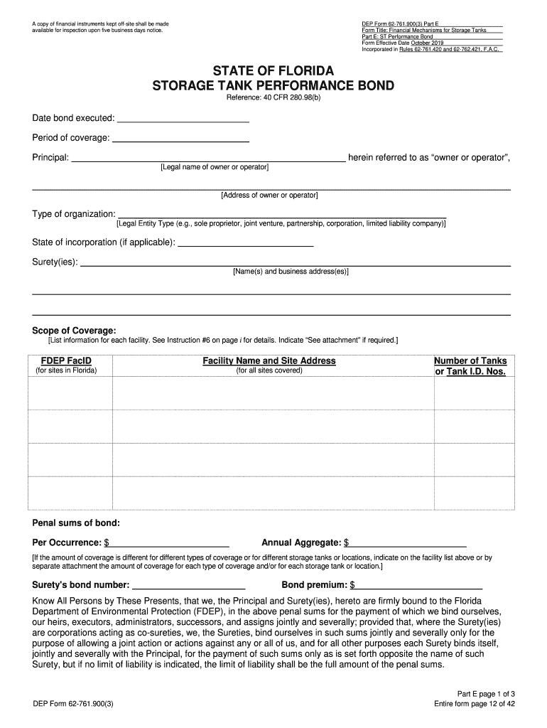 Fillable Online Performance Bond - Form 62-761.900(3) Part. storage ...