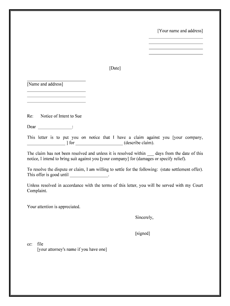 Sample Letter Of Intent To Take Legal Action Fill Online Printable 
