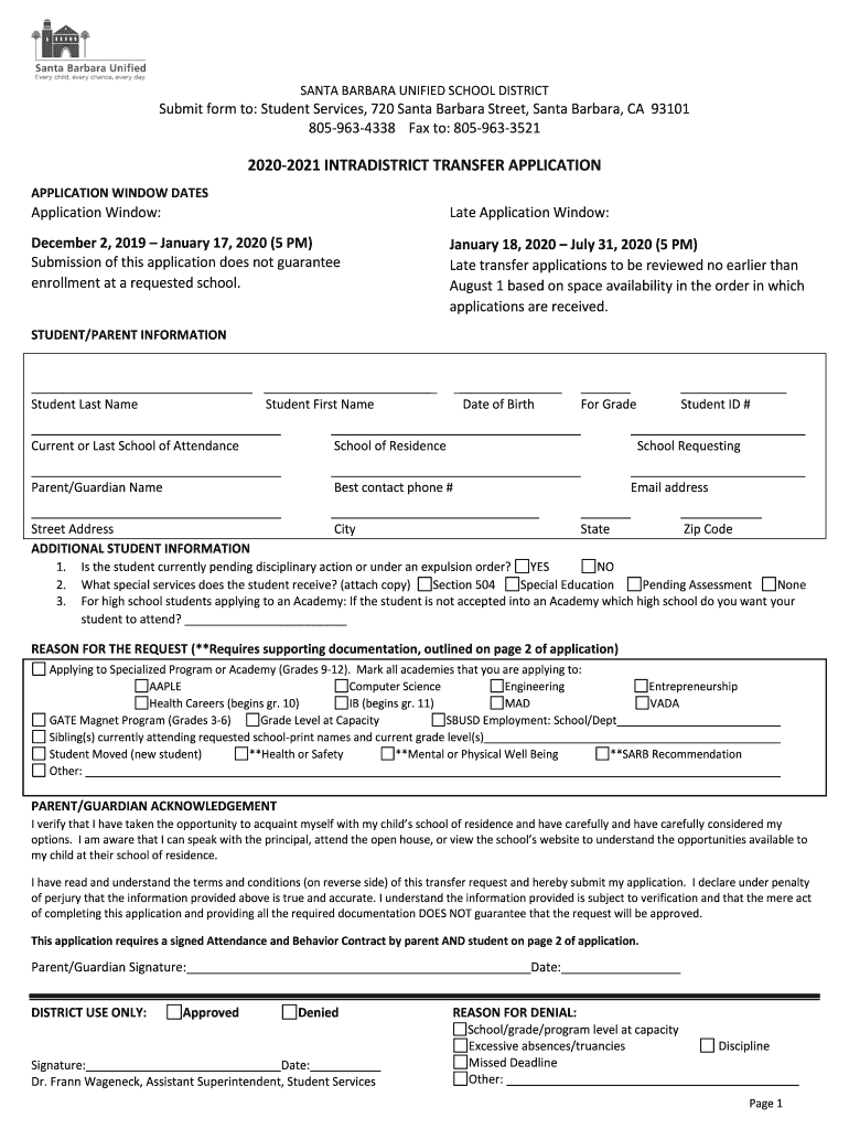 Fillable Online 2020-2021 Intradistrict Transfer Application. 2020-2021 ...