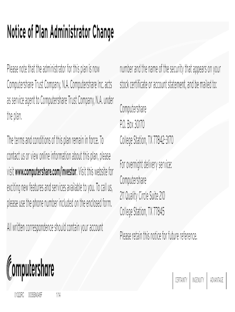 Fillable Online Notice of Plan Administrator Change - Computershare Fax ...