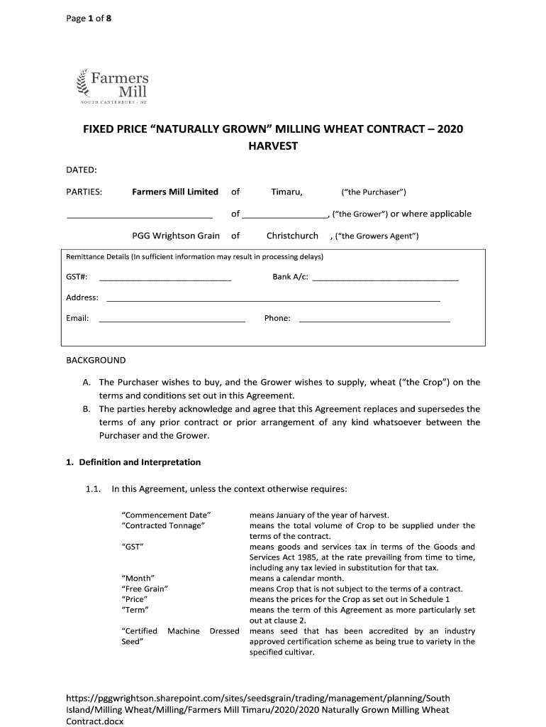 Fillable Online FIXED PRICE NATURALLY GROWN MILLING WHEAT CONTRACT 2020 ...
