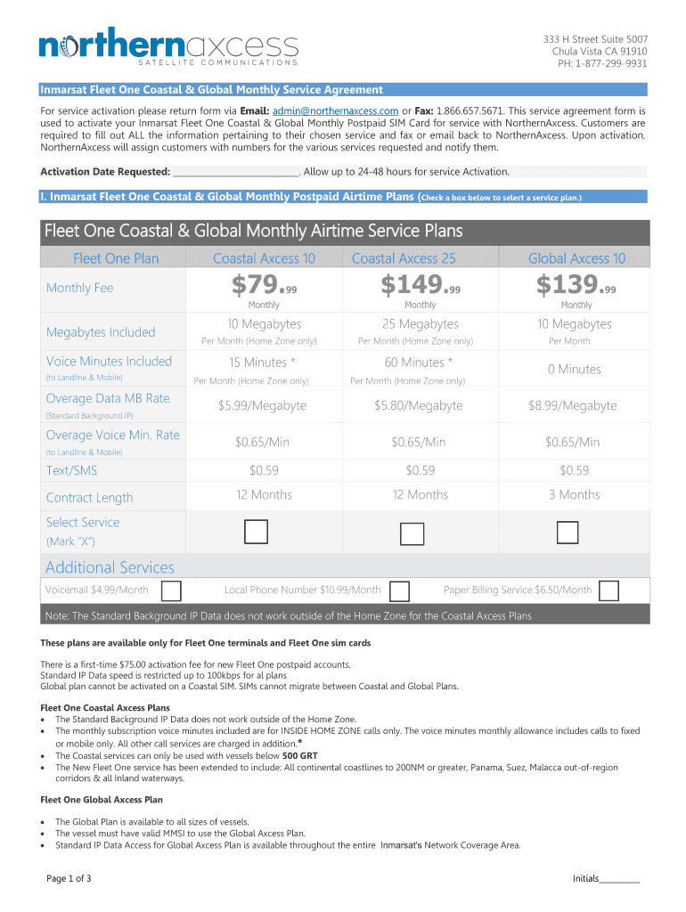 Fillable Online inmarsat fleet one coastal & global monthly airtime ...
