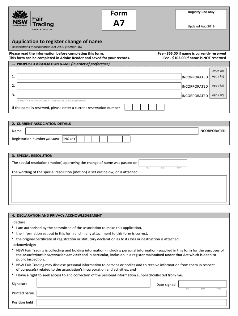 Fillable Online Form A7 Application to register change of name - Fair ...