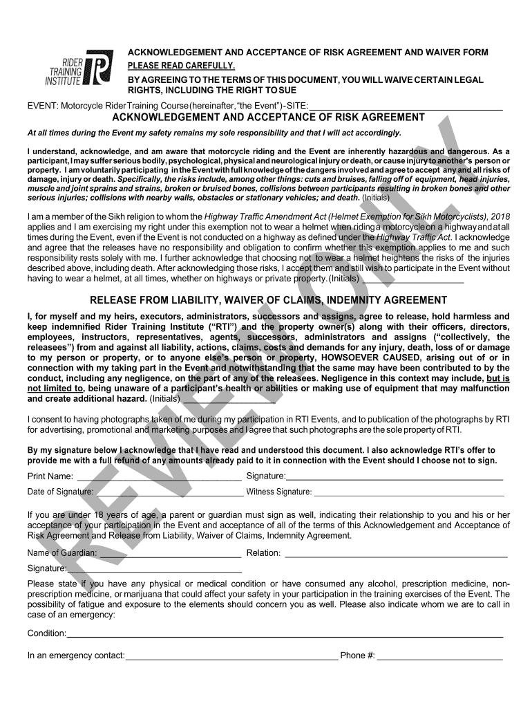 Fillable Online acknowledgement and acceptance of risk agreement ...