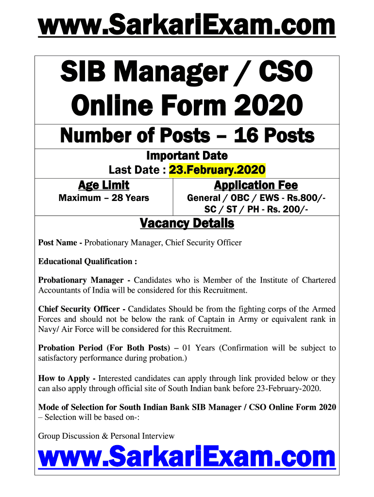 Fillable Online South Indian Bank SIB Manager / CSO Online Form 2020 ...