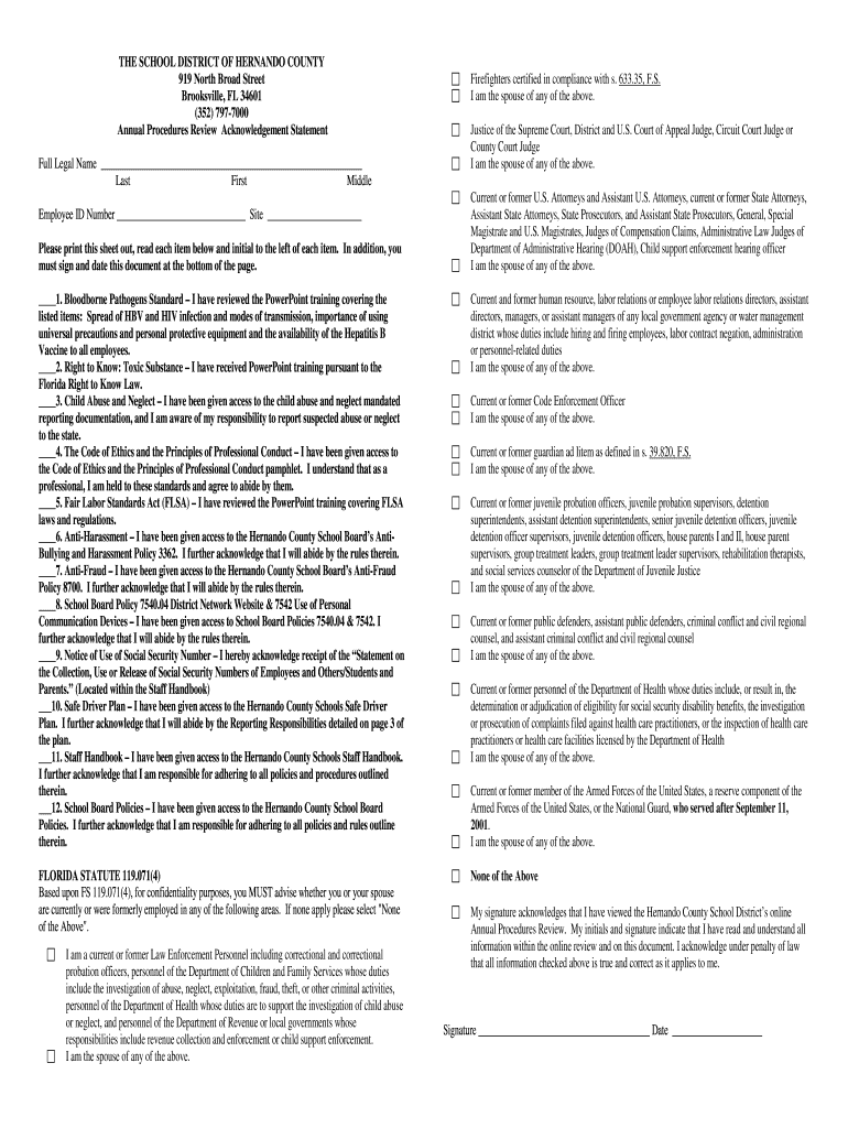 Fillable Online Annual Procedures Review Acknowledgement Statement Fax ...
