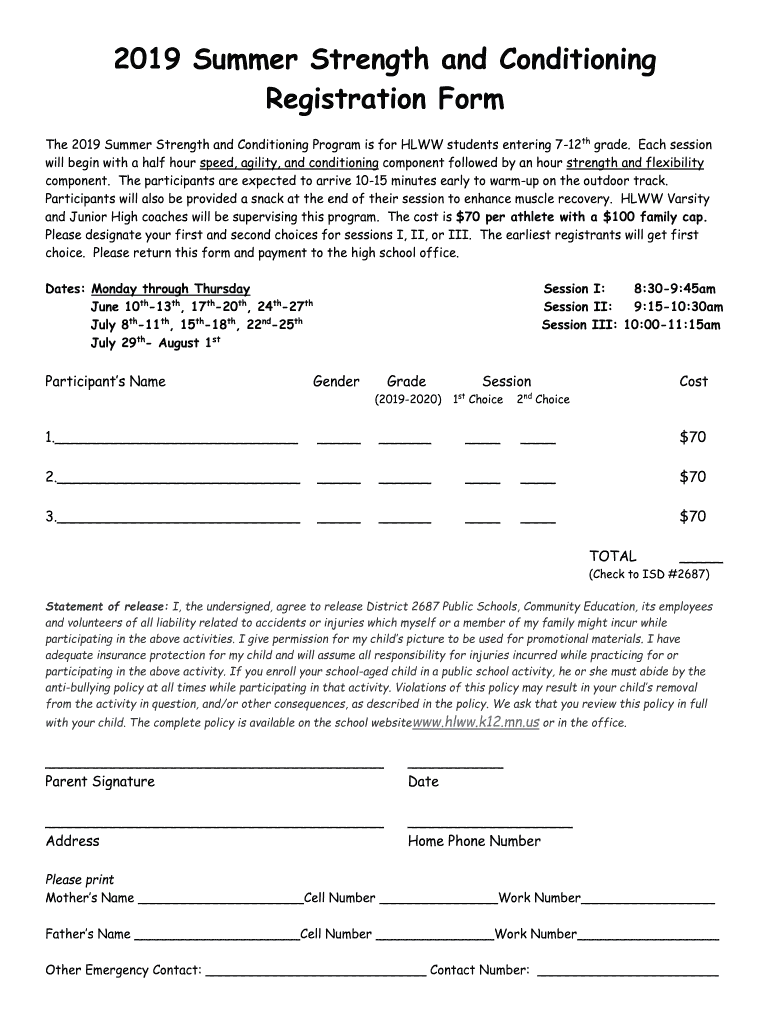 Fillable Online 2019 Summer Strength and Conditioning Registration Form ...