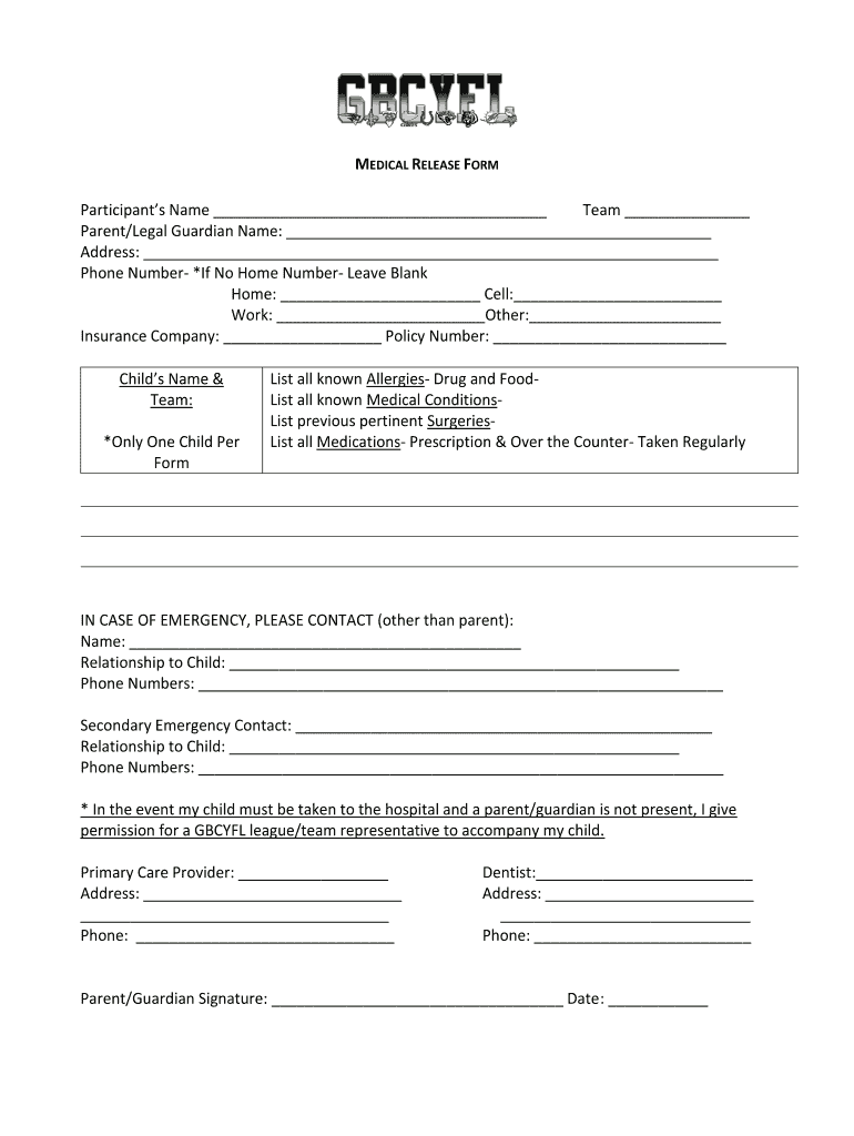 Fillable Online MEDICAL RELEASE FORM - SportsEngine Fax Email Print ...