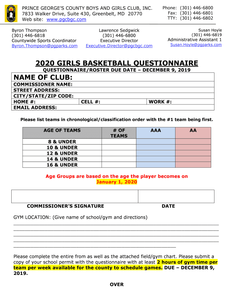 Fillable Online 2020 girls basketball questionnaire name of club - Ngin ...
