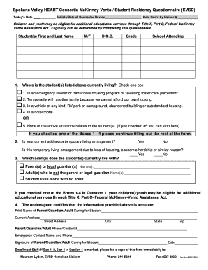 Fillable Online Spokane Valley HEART Consortia McKinney-Vento / Student Residency Questionnaire ...