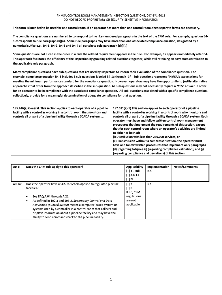 Fillable Online PHMSA CONTROL ROOM MANAGEMENT: INSPECTION QUESTIONS ...