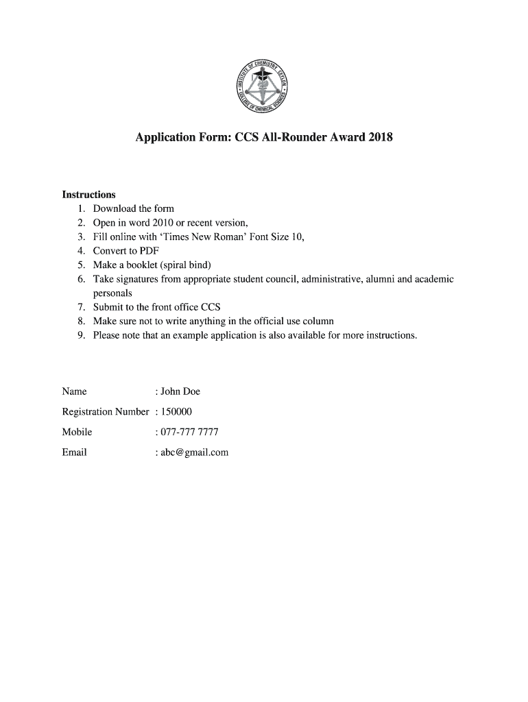 Fillable Online Application Form: CCS All-Rounder Award 2018 ...