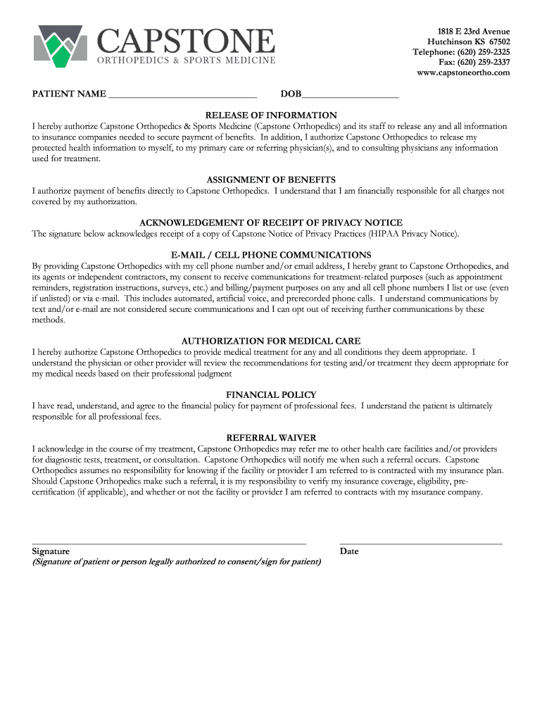 Fillable Online Patient Authorization Form - Capstone Orthopedics Fax ...
