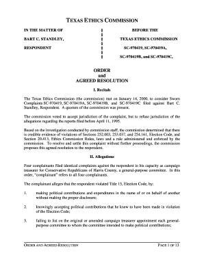 Fillable Online TEXAS ETHICS COMMISSION ORDER and AGREED ... Fax Email ...