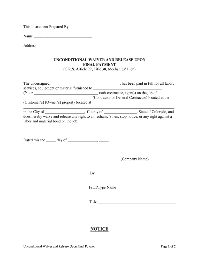 Printable Unconditional Lien Waiver Template Printable Templates